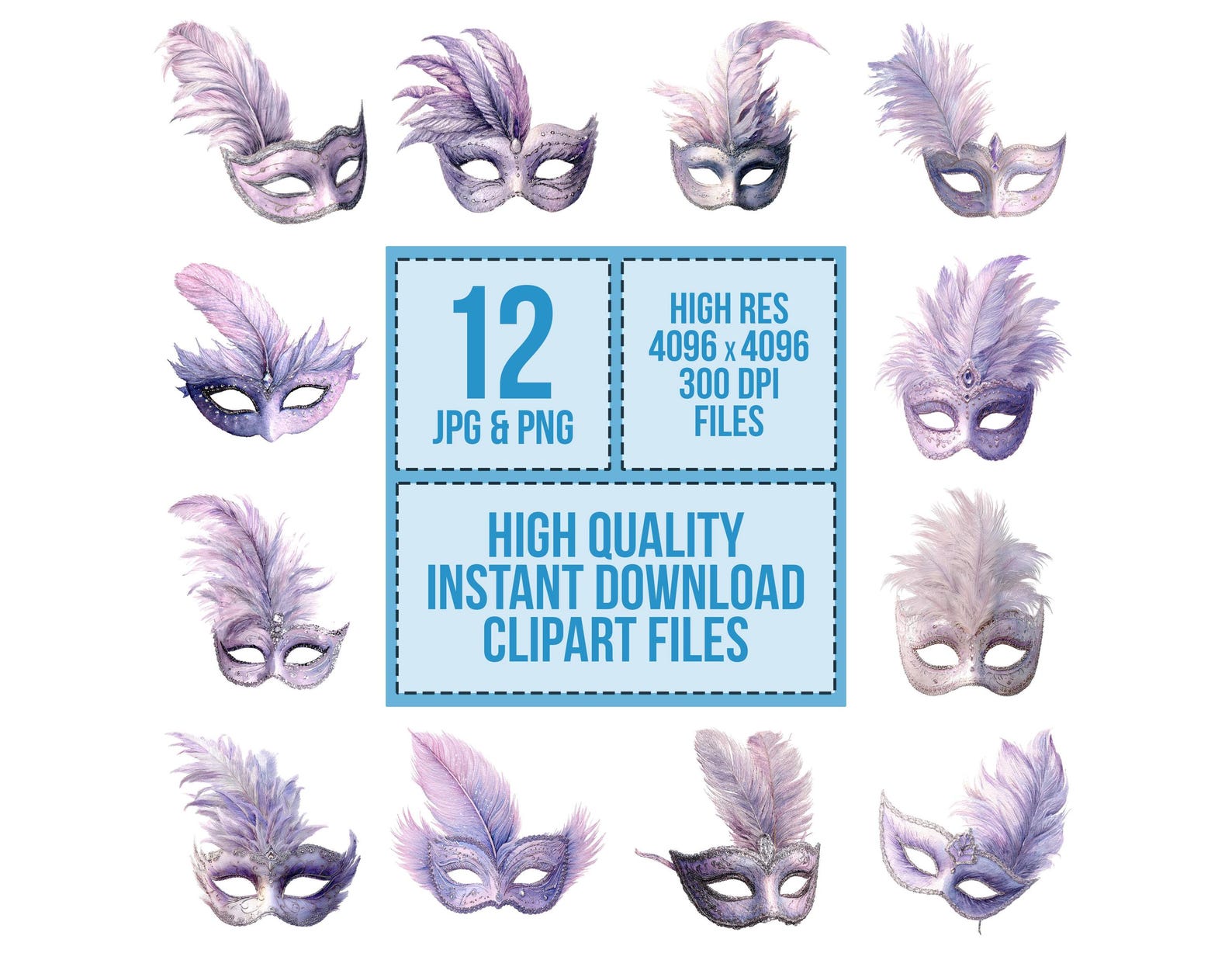 12 Feathered Masquerade PNG Clipart, Watercolor Party Mask Clip Art ...