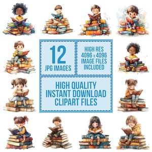 12x Child Reading Clipart, Watercolor Vintage School Reading Boy Girl ...