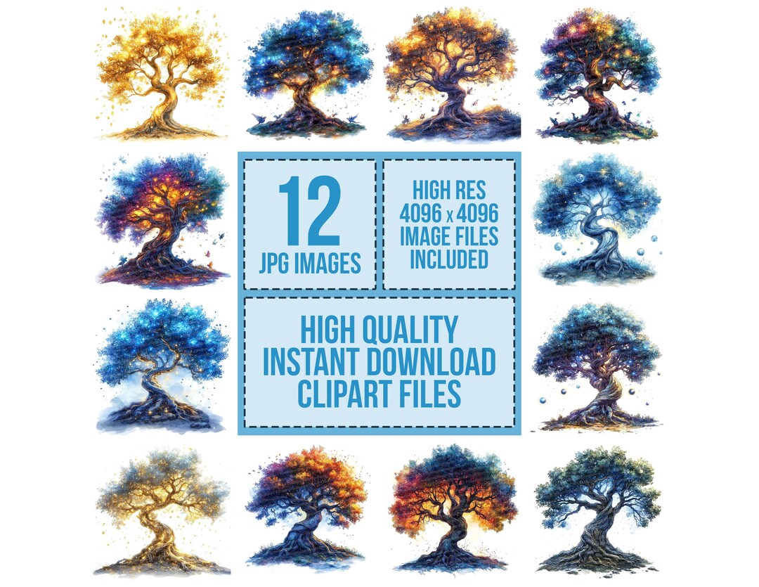 12 Fantasy Tree Clipart, Colorful Magical Tree, Printable Watercolor ...