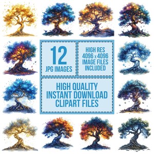12 Fantasy Tree Clipart, Colorful Magical Tree, Printable Watercolor ...