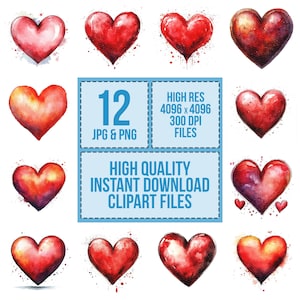 Watercolor Heart PNG Clipart, 12x Red Love Heart Clip Art Set,hand ...