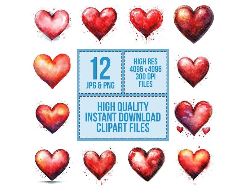 Watercolor Heart PNG Clipart, 12x Red Love Heart Clip Art Set,hand ...