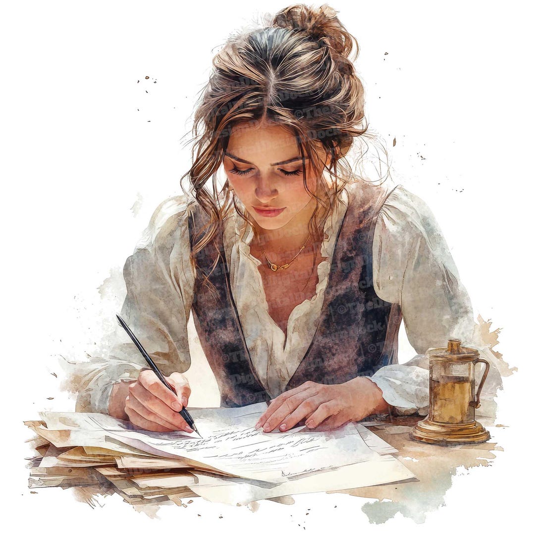 12 Woman Writing Watercolor Clipart, Woman Writing Art, Printable ...