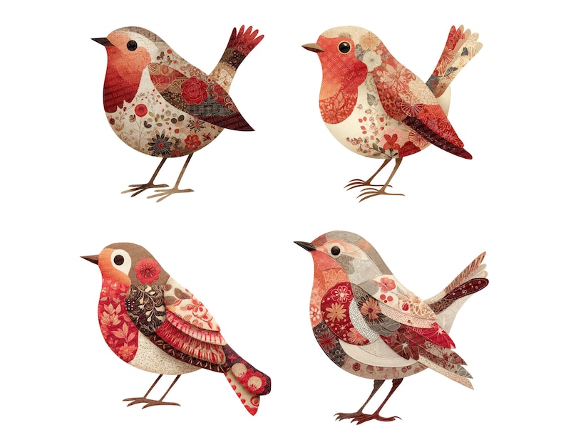 12x Christmas Robin PNG Clipart, Patchwork Bird Clip Art Set, Printable ...