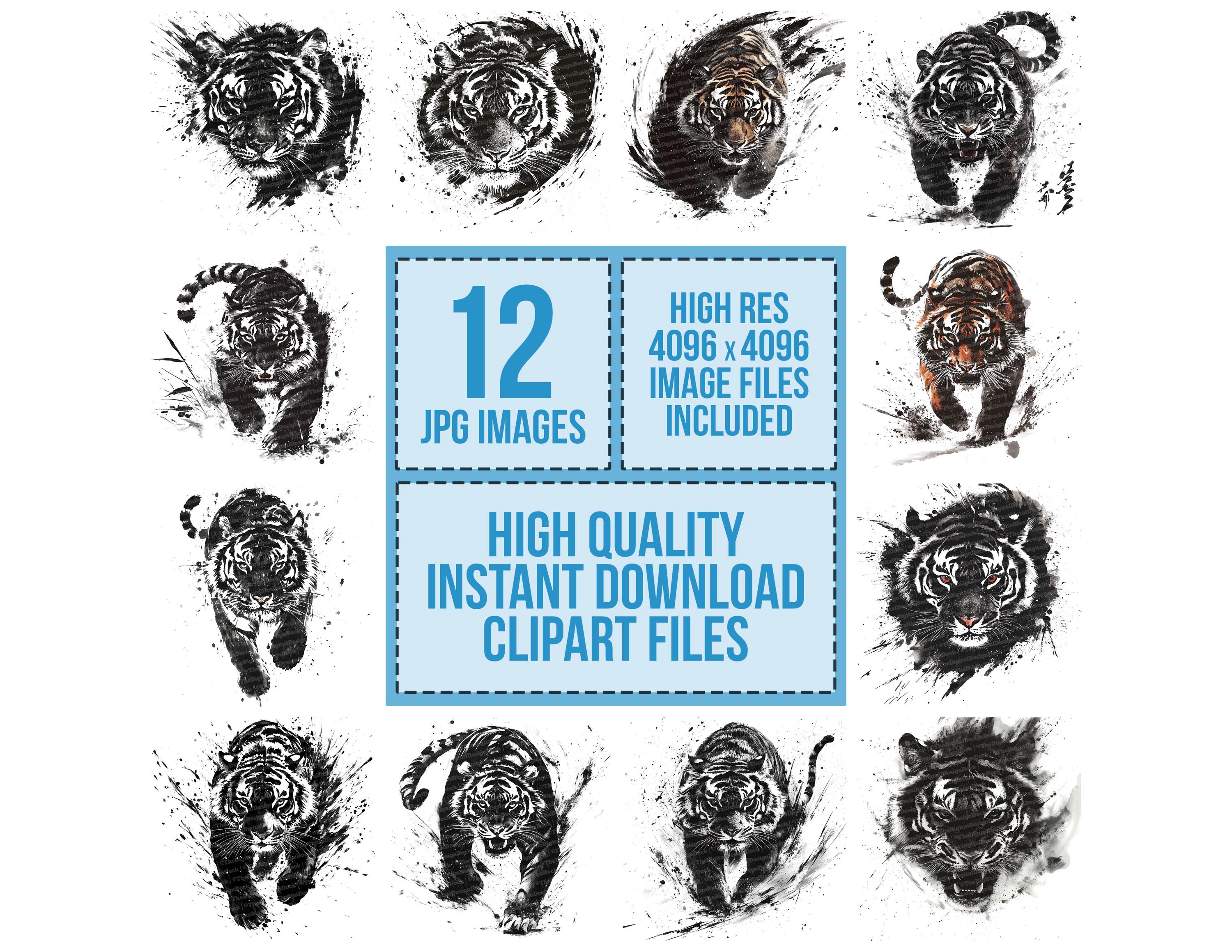 12 Sumi Ink Tiger Clipart, Watercolor Japanese Art, Printable Clipart ...