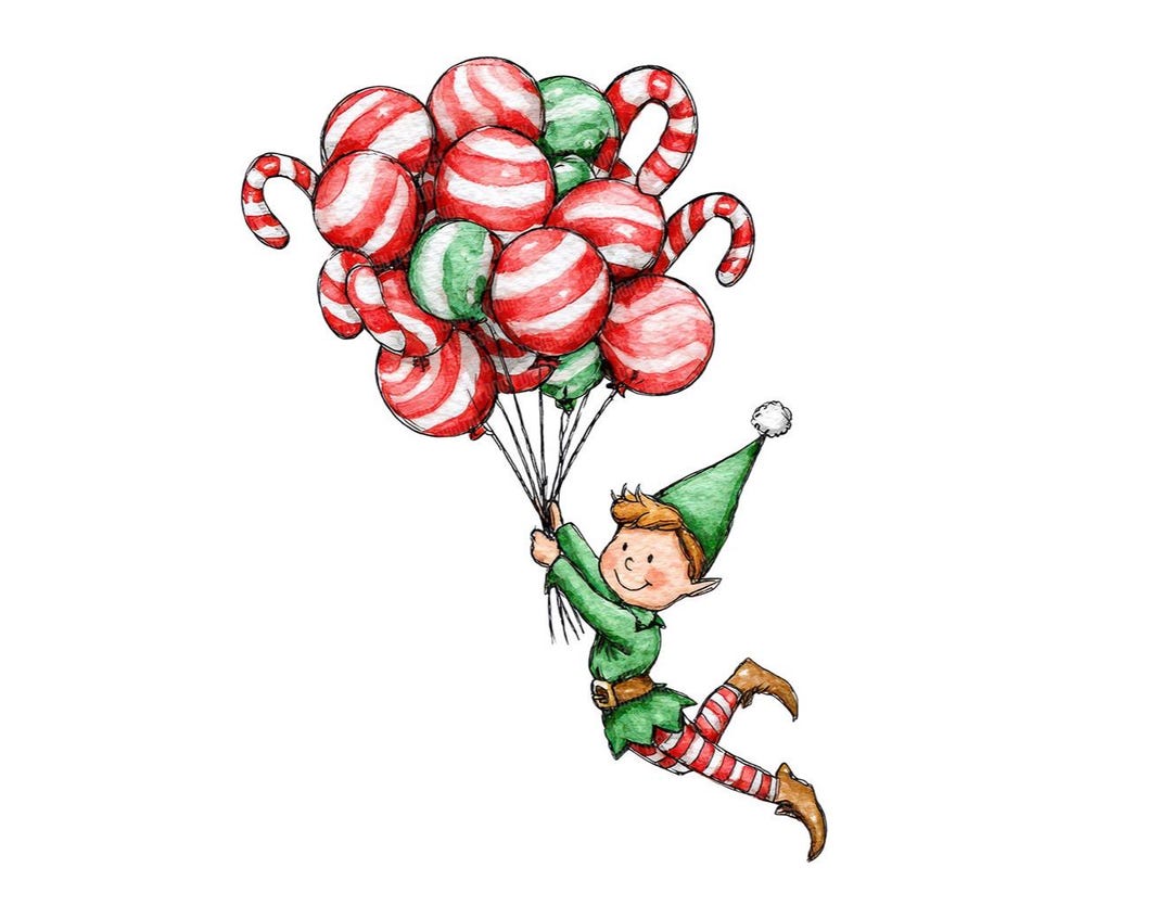 12x Elf Christmas Balloon PNG Clipart, Holiday Clip Art, Watercolor Elf ...