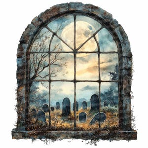 12x Gothic Cemetery Clipart, Haunted Graveyard Window, Printable ...
