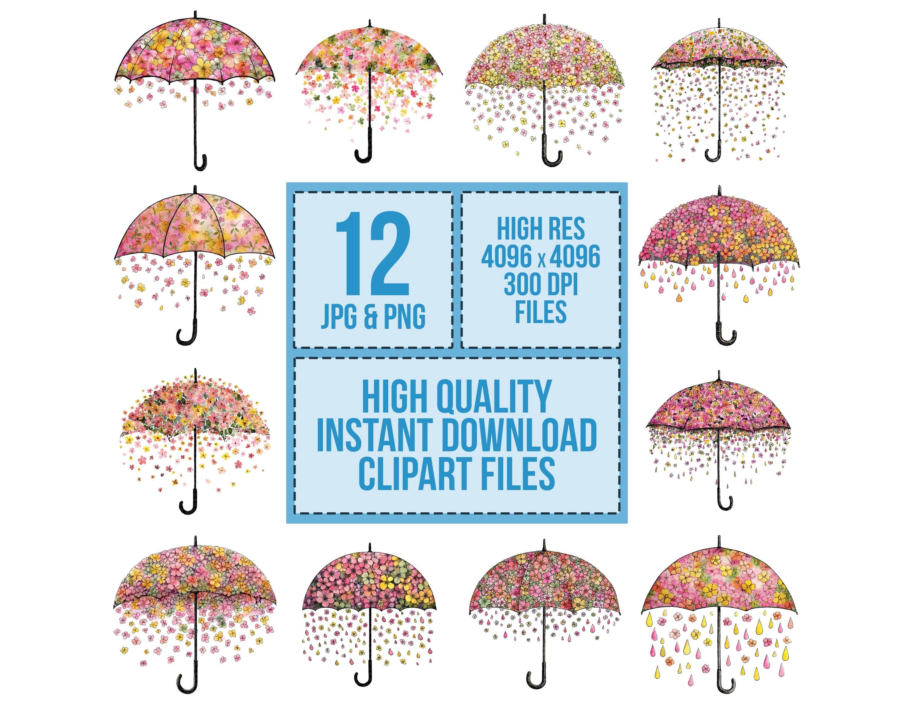 Umbrella Flower PNG Clipart, 12x Watercolor Floral Rain Clip Art Set ...