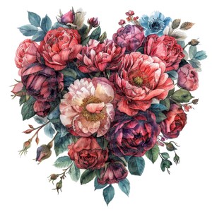 12 Floral Heart Clipart, Watercolor Flower Clipart, Printable ...