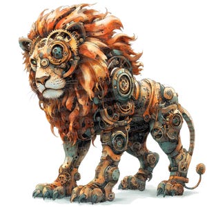 Steampunk Lion Clipart, Mechanical Animal Art,printable Watercolor ...