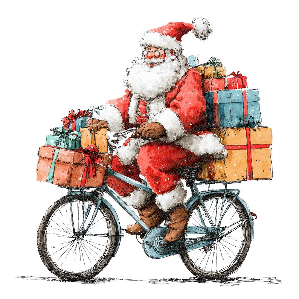 12x Santa on Bicycle PNG Clipart, Watercolor Christmas Clip Art With ...