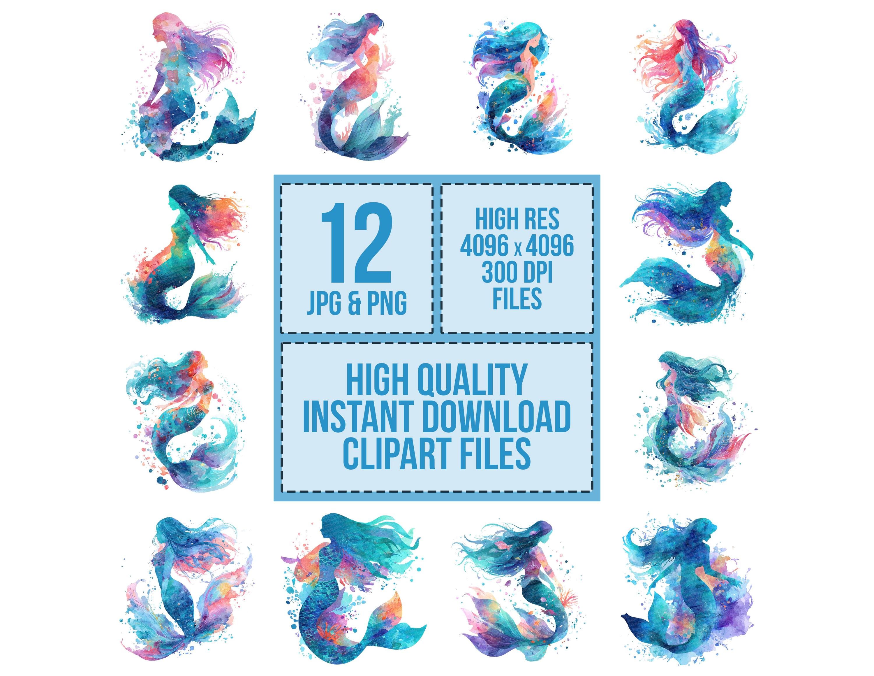Mermaid PNG Clipart, 12x Splash Ink Mermaid Clip Art Set, Printable ...
