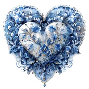 12 Lace Floral Heart Clipart, Blue Watercolor Clipart, Printable ...