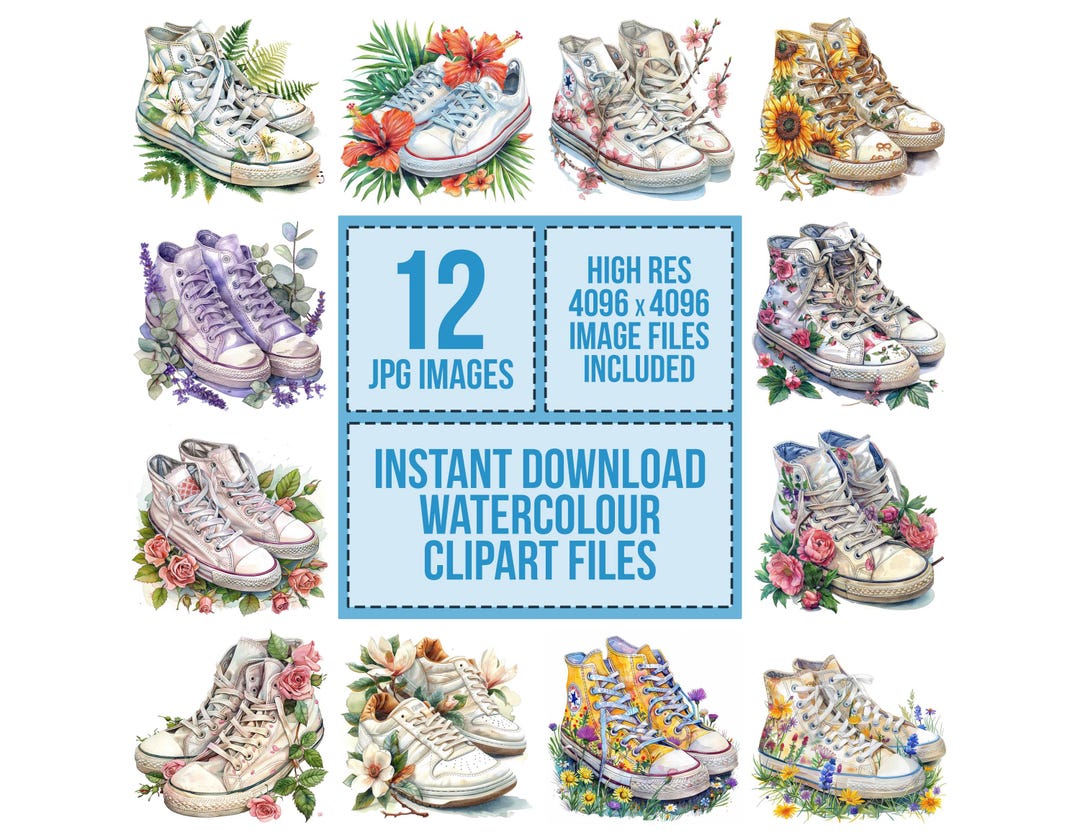 12 Floral Sneakers Clipart, Watercolor Shoes With Flowers Clipart ...