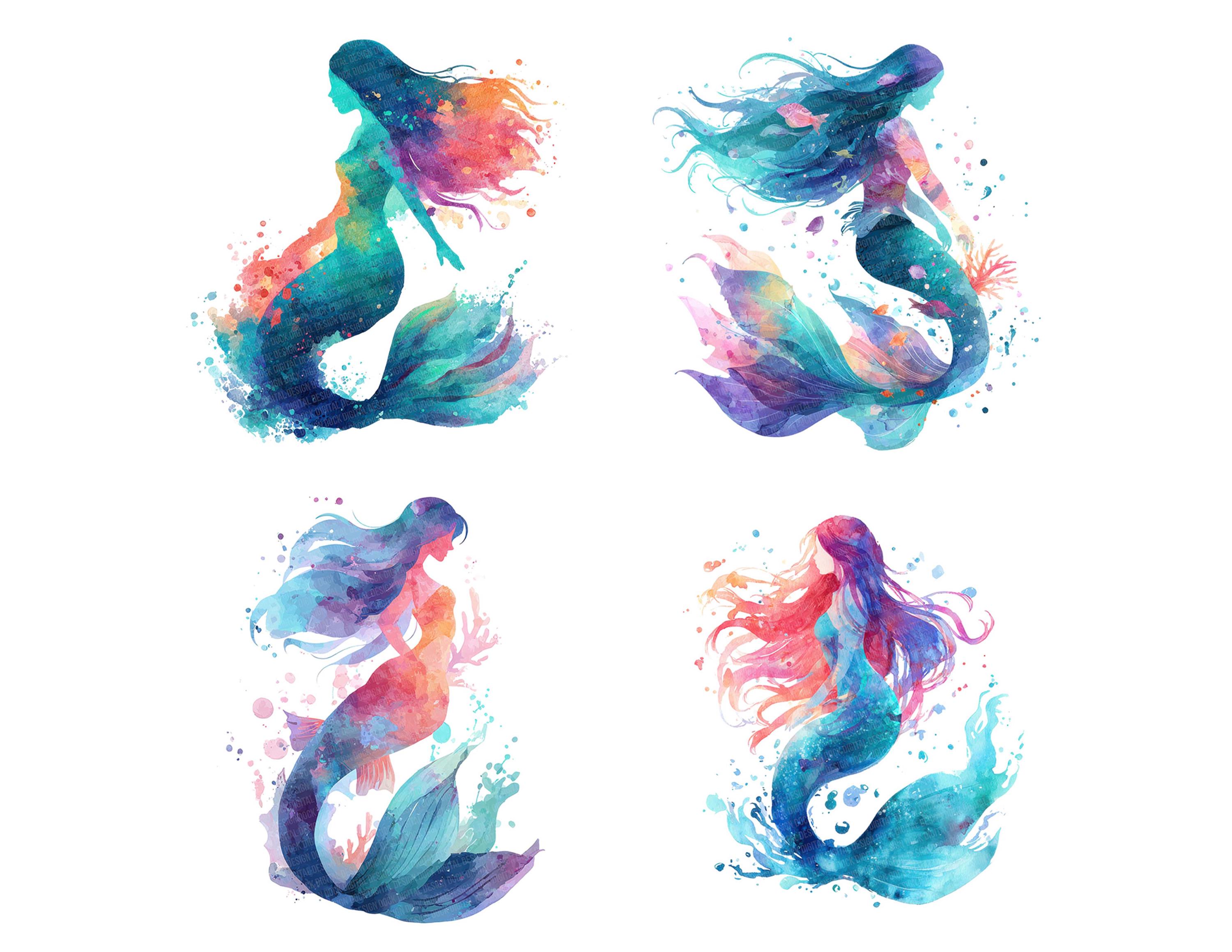 Mermaid PNG Clipart, 12x Splash Ink Mermaid Clip Art Set, Printable ...