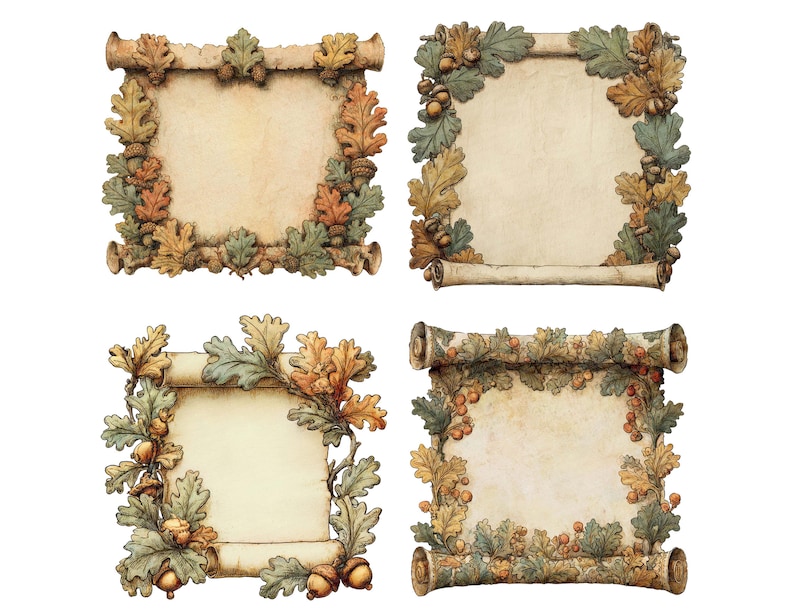 12x Oak Medieval Scroll PNG Clipart, Watercolor Vintage Paper Frames ...