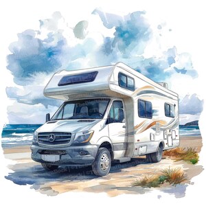 12 Camper Van Clipart, Watercolor RV on Beach, Summer Travel Clipart ...