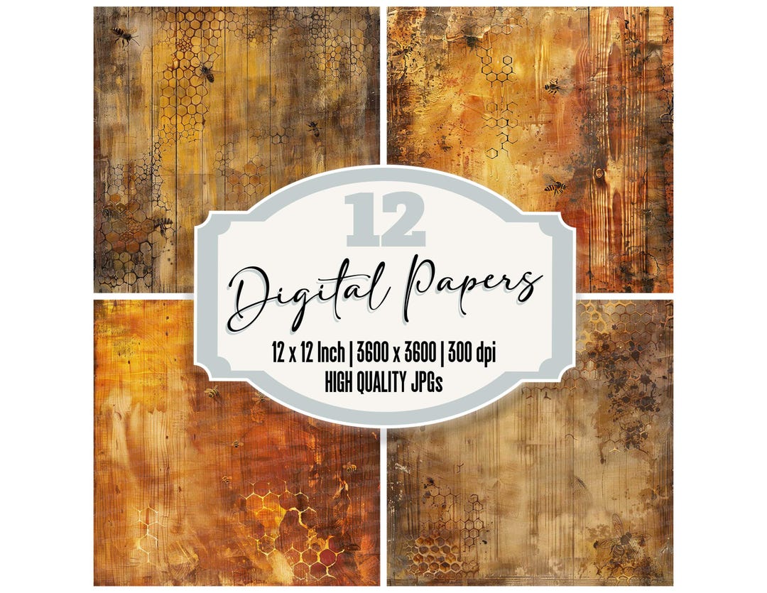 12x Honeycomb Junk Journal Paper, Distressed Bee Digital Paper Pack ...