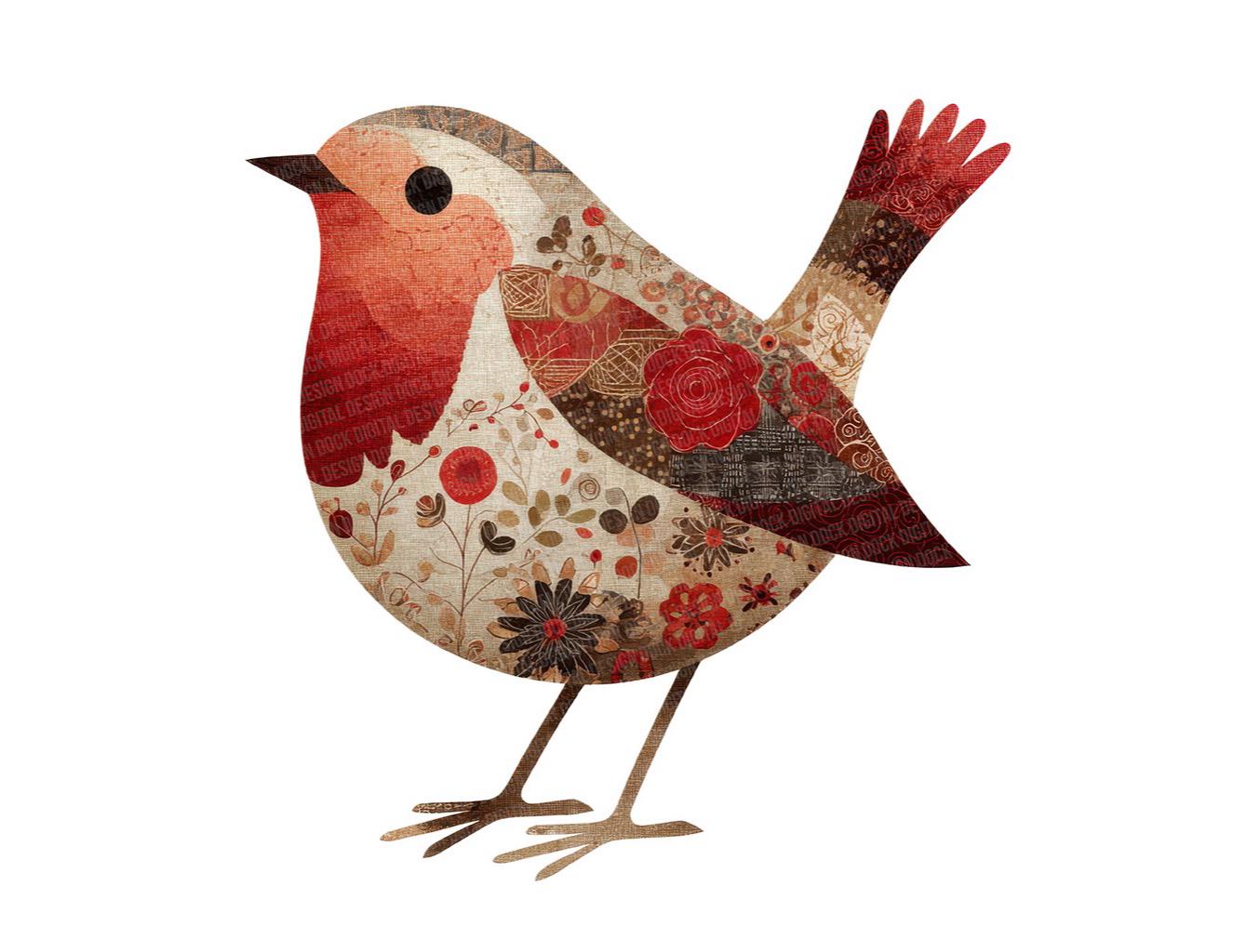 12x Christmas Robin PNG Clipart, Patchwork Bird Clip Art Set, Printable ...