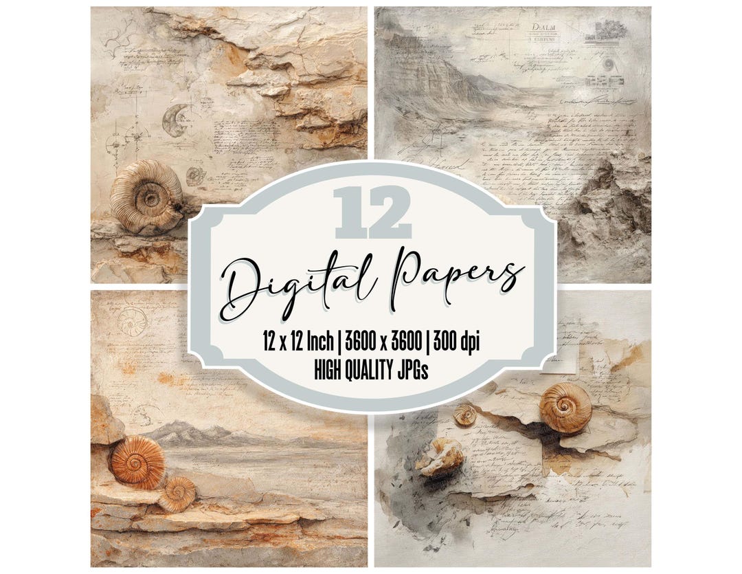 12x Fossil Geology Notes Digital Paper Pack Vintage Rock Texture ...