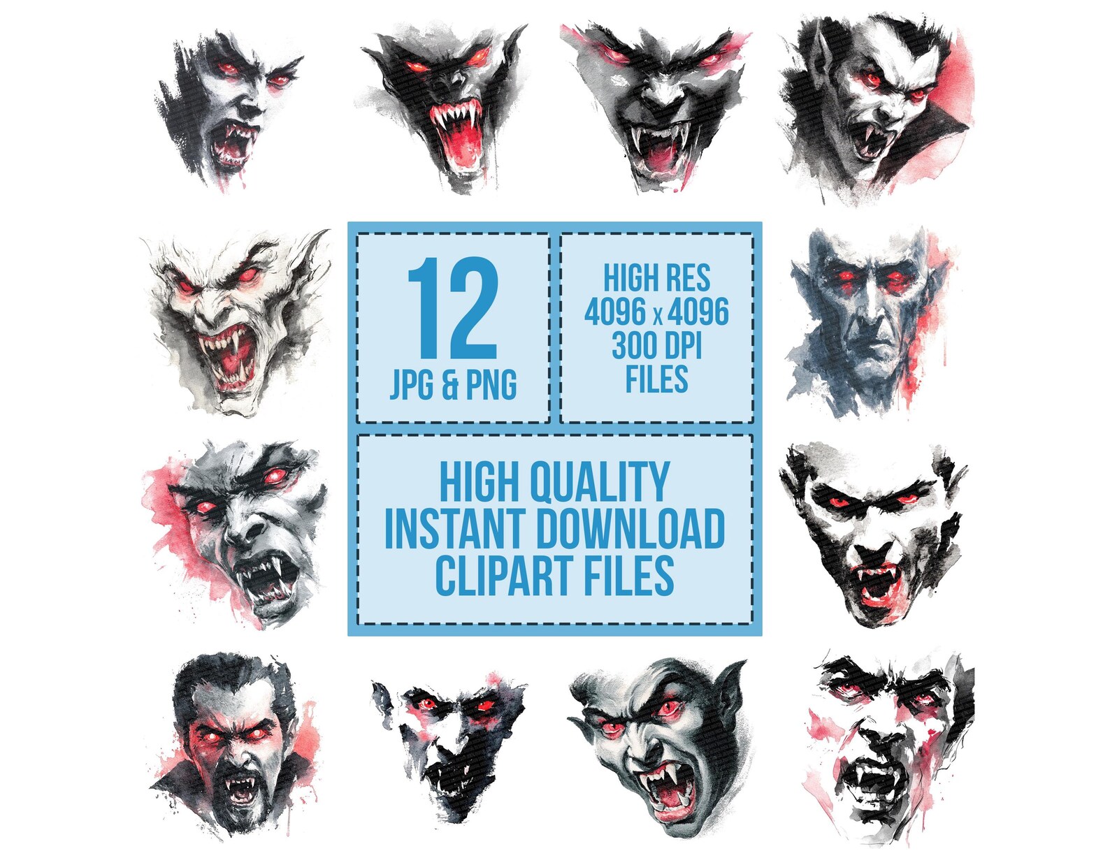 12x Vampire Portrait PNG Clipart, Halloween Gothic Clip Art, Digital ...