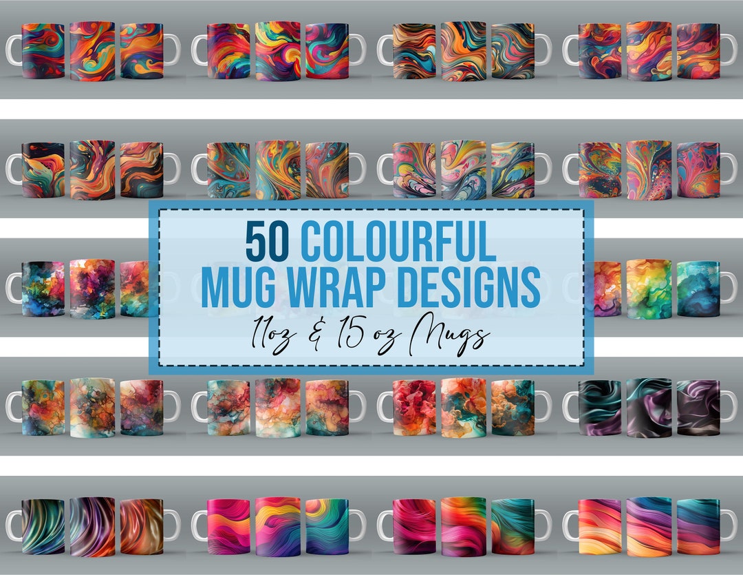50x Colourful PNG Mug Wraps for 11 Oz 15oz Sublimation Mug Bulk Bundle ...
