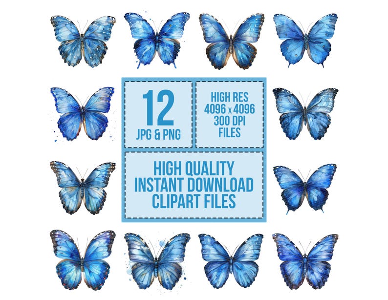 Blue Morpho Butterfly Clipart, 12x Butterfly Art Set, Printable ...