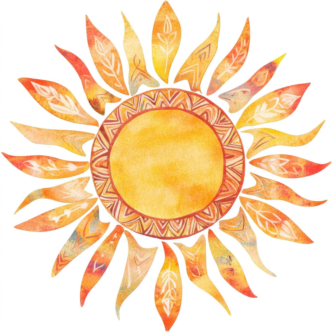 Folk Art Sun Clip Art, 12x Decorative Sun Clipart Set, Watercolor Boho ...