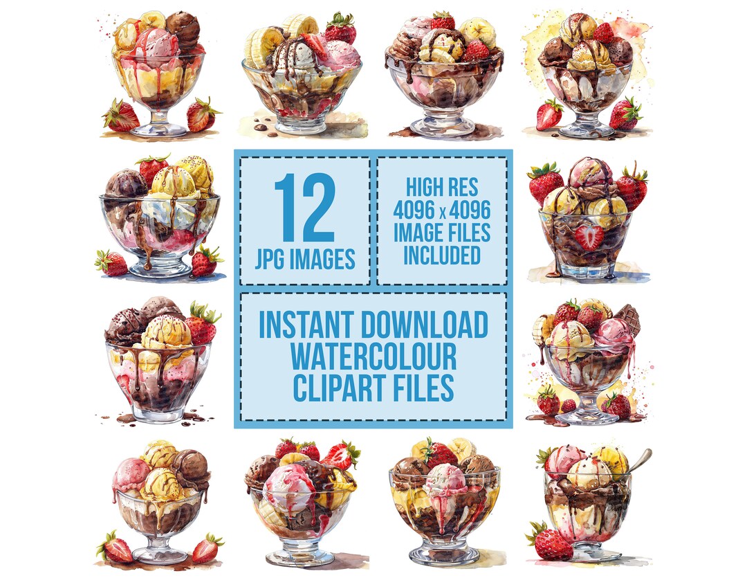 12 Banana Split Ice Cream Clipart, Watercolor Sundae Dessert Clipart ...