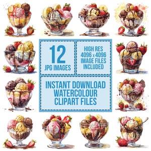 12 Banana Split Ice Cream Clipart, Watercolor Sundae Dessert Clipart ...