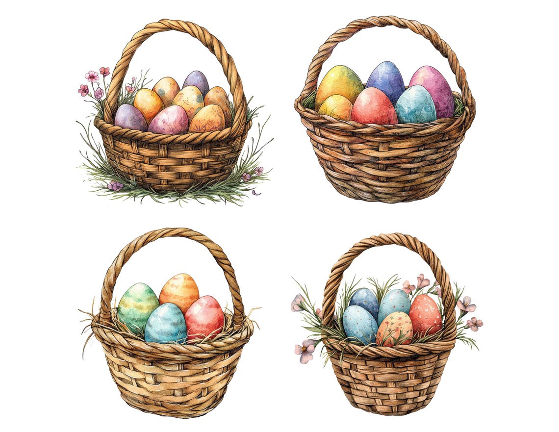 Easter Basket PNG Clipart, 12x Watercolor Easter Egg Clip Art Set ...