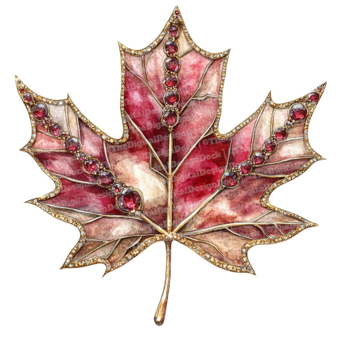 Jeweled Maple Leaf Clip Art, 12x Watercolor Leaf With Gems Clipart Set ...