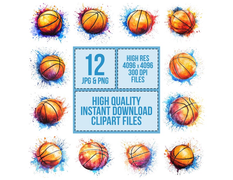 Basketball PNG Clipart, 12x Watercolor Basketball Clip Art Set, Sports ...