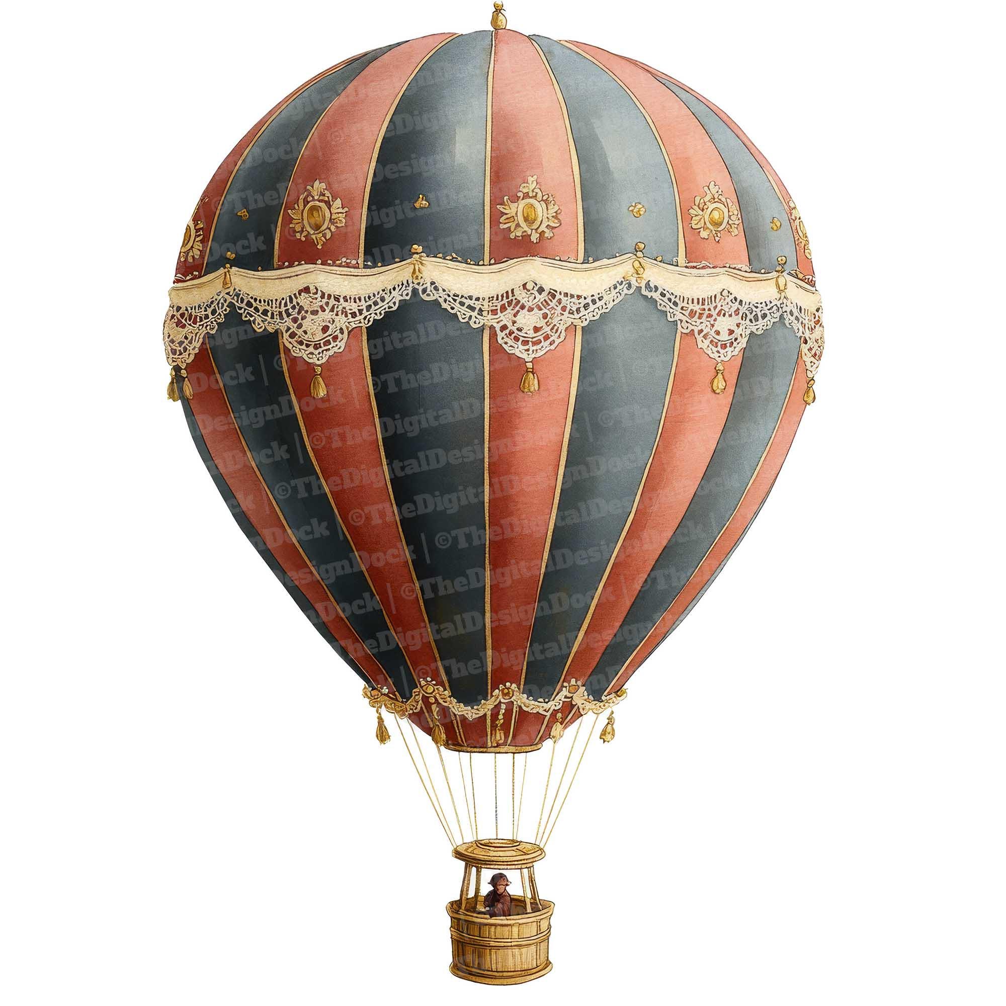 12 Victorian Hot Air Balloon Clipart, Watercolor Balloon Art, Printable ...