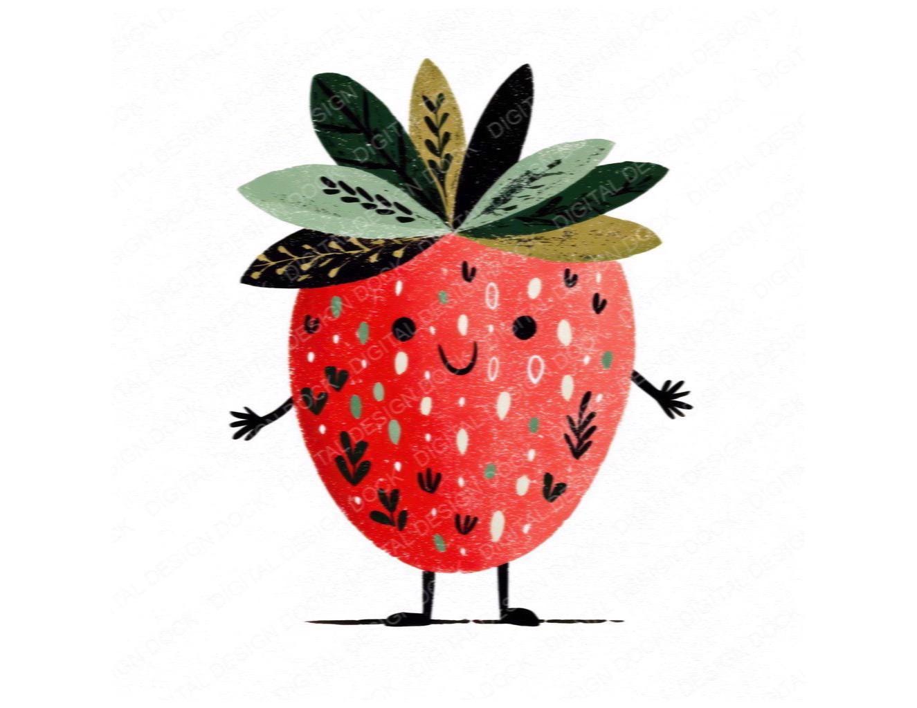 Strawberry Clipart, 12x Folk Art Fruit PNG Clip Art Set, Printable ...