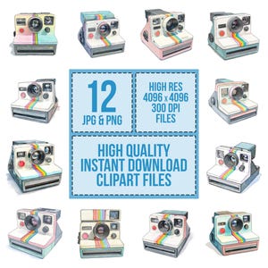Retro Camera PNG Clipart, 12x Watercolor Vintage Polaroid Camera Clip ...