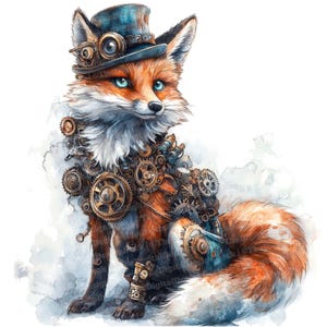 12x Steampunk Fox Clipart, Watercolor Mechanical Animal, High Quality ...
