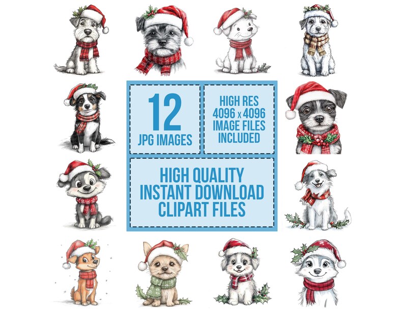 Christmas Dog Clip Art, 12x Holiday Puppy Clipart Set, Santa Hat Dog ...