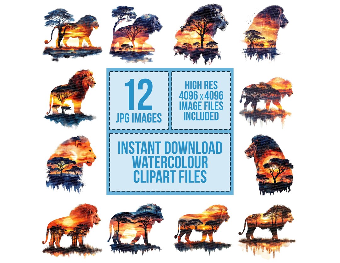 Lion Safari Clipart, 12 High Quality, Watercolor African Scene, Digital ...