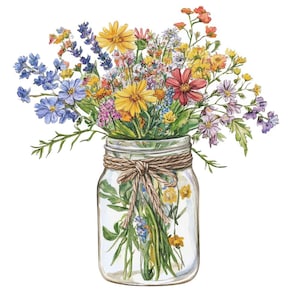 12x Floral Mason Jar PNG Clipart, Watercolor Wildflower Clip Art Set ...