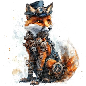 12x Steampunk Fox Clipart, Watercolor Mechanical Animal, High Quality ...