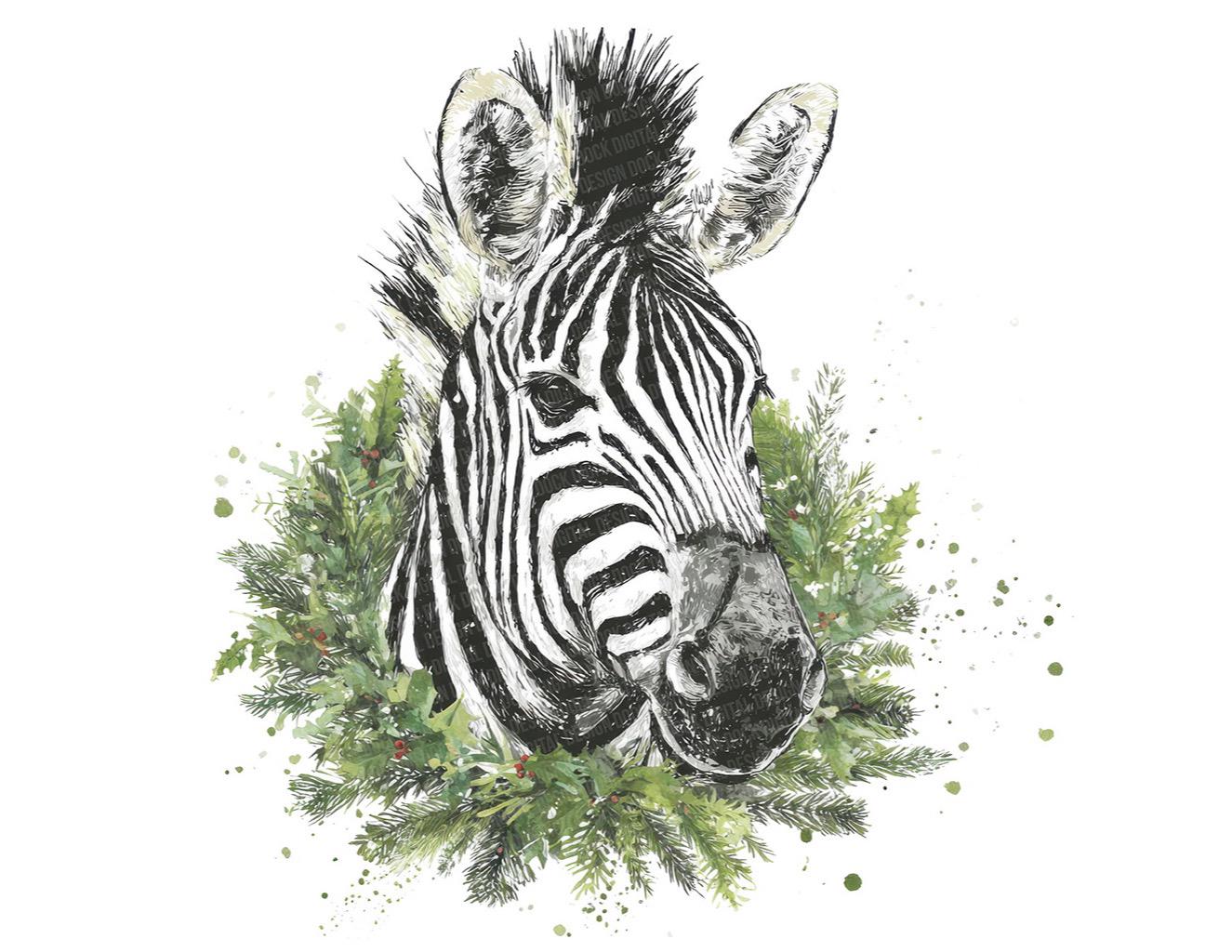 12x Watercolor Zebra PNG Clipart, Christmas Wreath Animal Clip Art ...