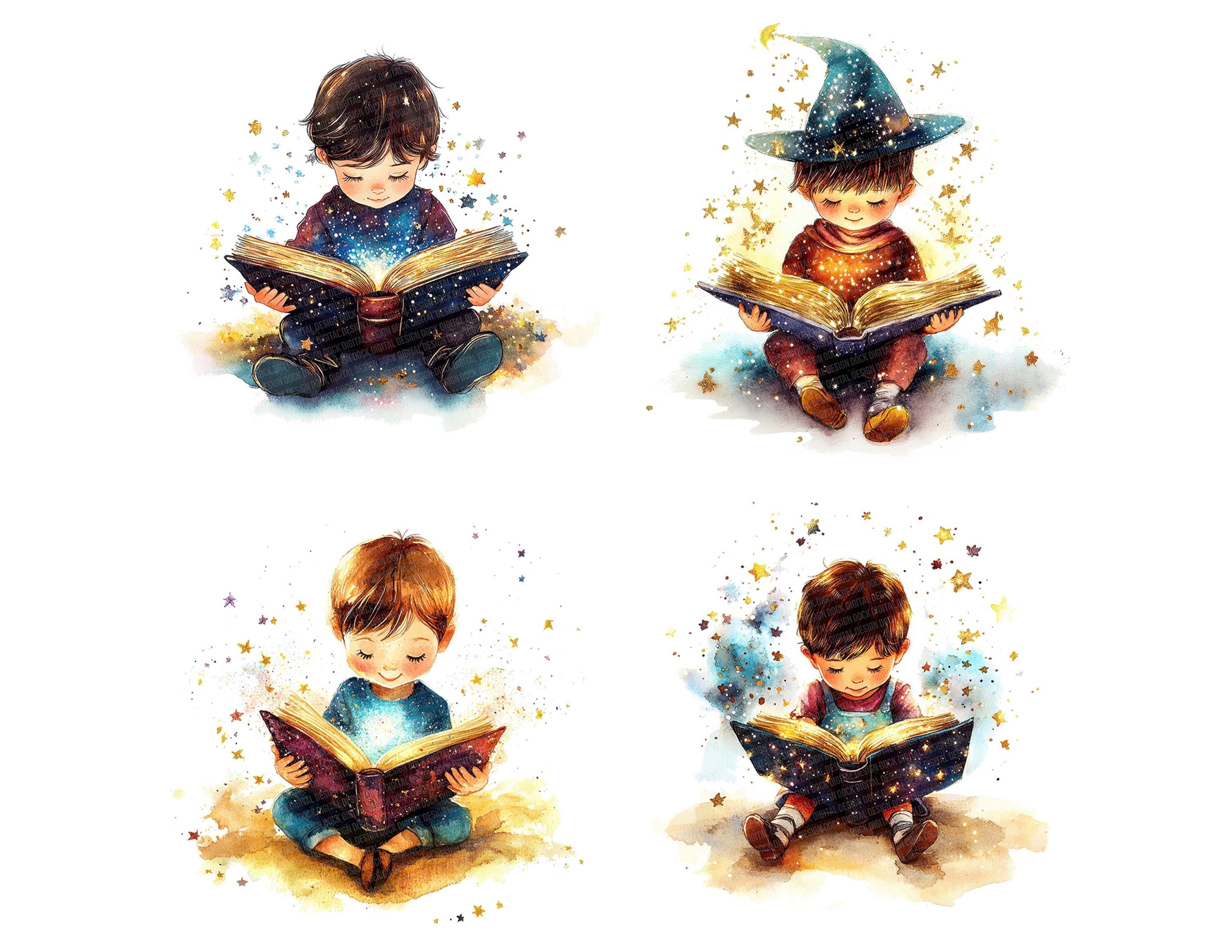 12 Child Reading Magical Book Clip Art, Watercolor Kids With Sparkling ...