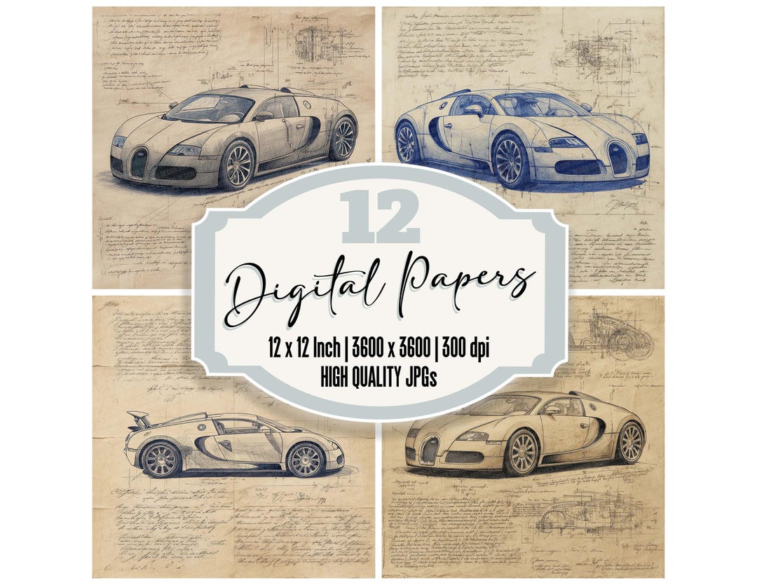 12 Sports Car Digital Paper Vintage Junk Journal Paper Speed Car Sketch ...