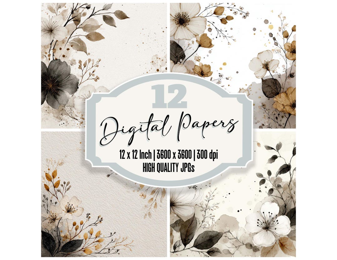12x Watercolor Floral Border Digital Paper Pack Ink Wash Wedding Junk ...