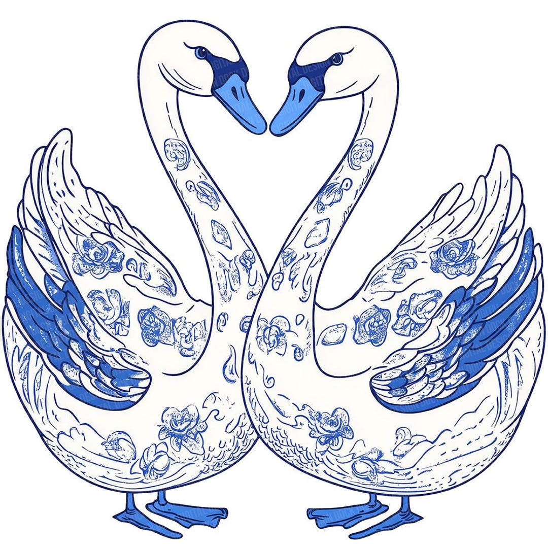Delft Blue Swan Pair Clipart, 12x Floral Patterned Swan PNG Set ...