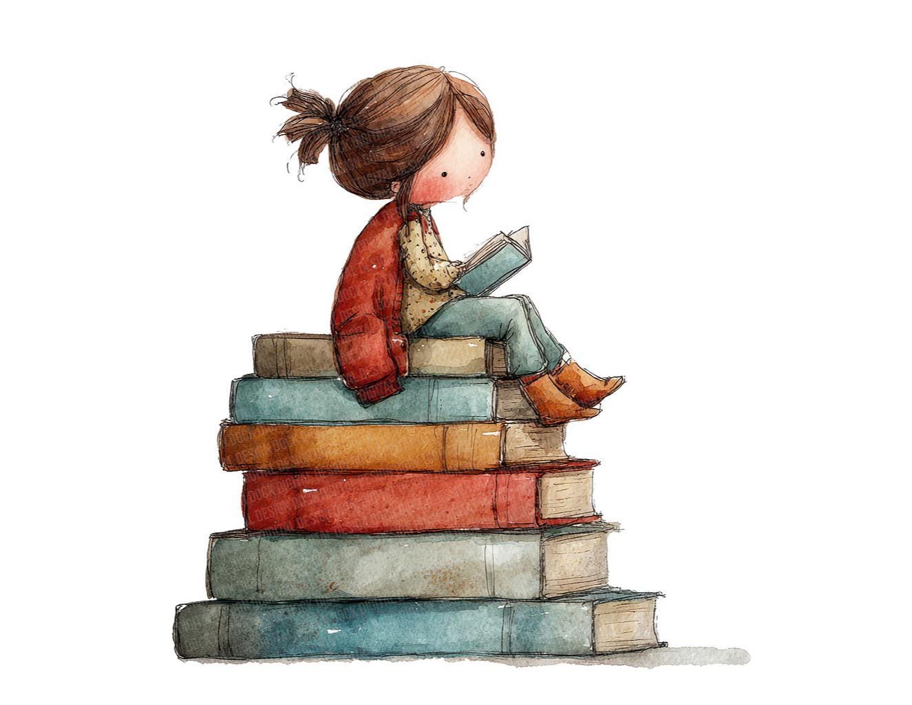 Girl Reading on Books PNG Clipart, 12x Watercolor Book Lover Clip Art ...