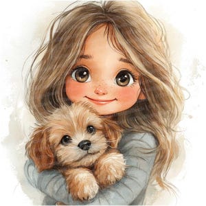 12 Girl and Puppy Clipart, Watercolor Cute Animals Art, Child and Dog ...