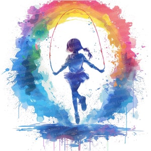 Jump Rope Girl With Rainbow Clipart, 12 Jpgs, Watercolor Playful Art ...