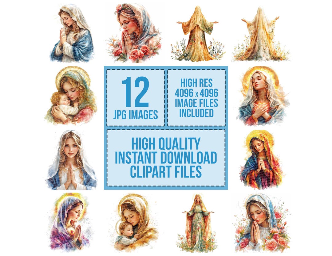 12x Virgin Mary Clipart, Religious Digital Art, Catholic Watercolor Art ...